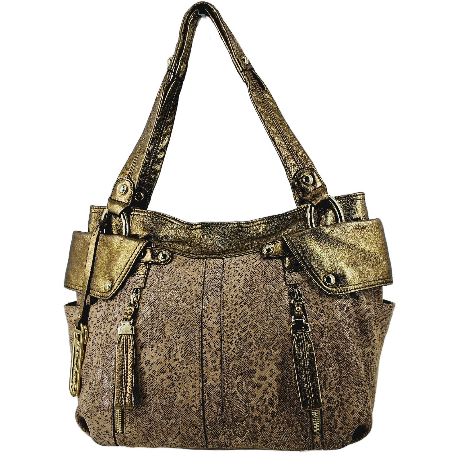 B MAKOWSKY Metallic Gold Pebble Leather and Python Printed Leather Shoulder Bag | eBay