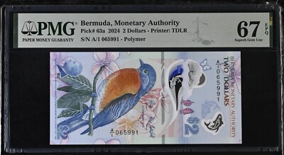 BERMUDA $2 Dollars 2024, P-63a Polymer, Scott / Butterfield, PMG 67 EPQ ...