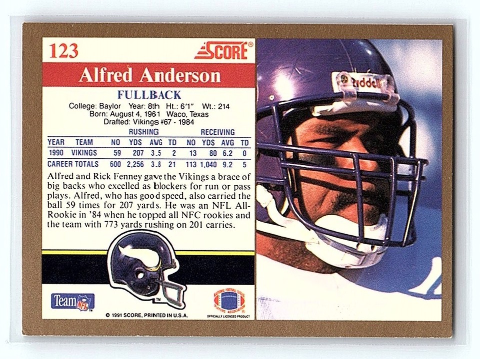 1991 Score Alfred Anderson Minnesota Vikings #123 | eBay