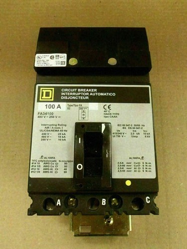Square D FA FA34100 3 Pole 100 Amp 480V Circuit Breaker AK | eBay