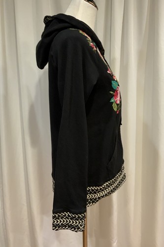 Johnny Was Womens Black Floral Embroidered Zip-Up Hoodie Sweatshirt ...