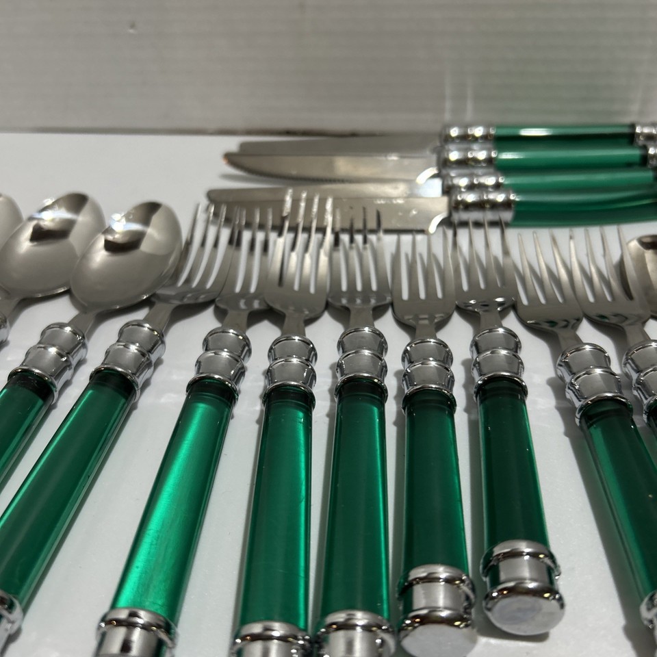 24 Piece Flatware Set Stainless Steel with Clear Lucite Acrylic Plastic Handles | eBay