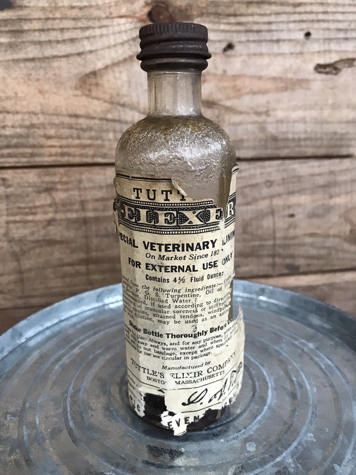 Antique Veterinarian Medicine Bottle Glass Paper Label Tuttles Elexer ...