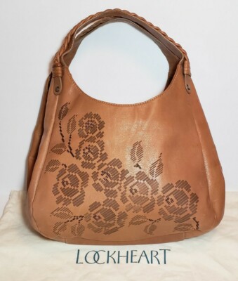 LOCKHEART ROSALEE XL LARGE BROWN GLOVE LEATHER FLORAL PRINT HANDBAG ...