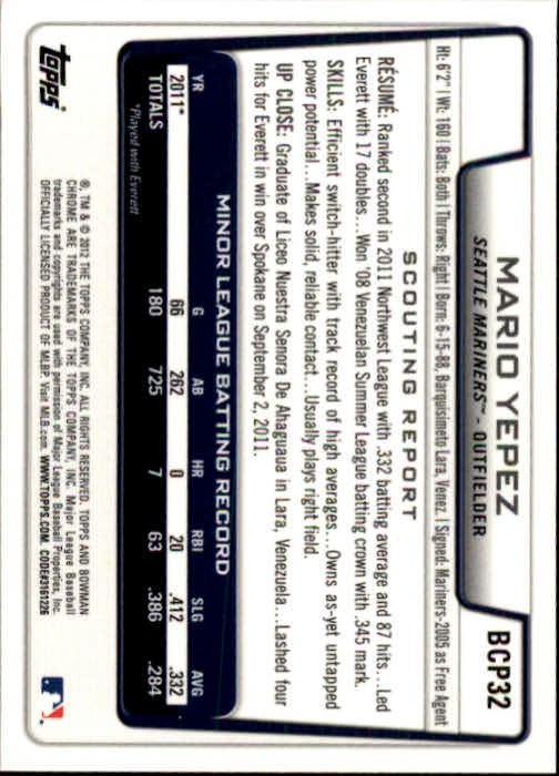 2012 Bowman Chrome Prospects Baseball #BCP32 Mario Yepez | eBay