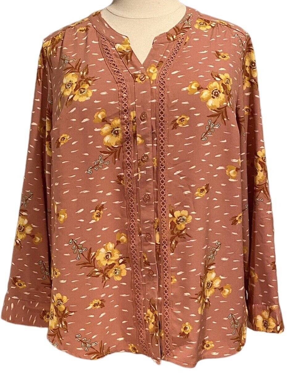 Denim & Co Printed Stretch Woven Y-Neck Blouse w/ Lace Trim Antique ...