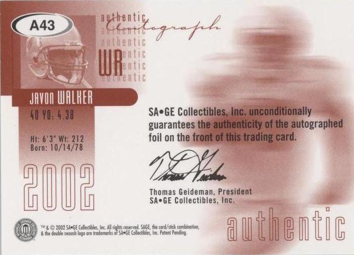 2002 Sage Javon Walker #A43 for sale | eBay