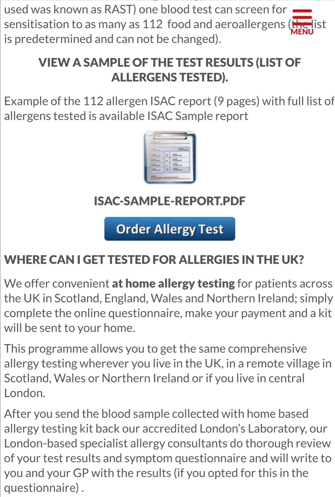 112 ISAC Allergy / IgE Test For Dust, Dog And Cat Hair, Pollen, Hay ...