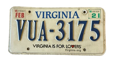 Virginia Is For Lovers License Plate 2020 VUA-3175” Exp 2/21 Blue On ...