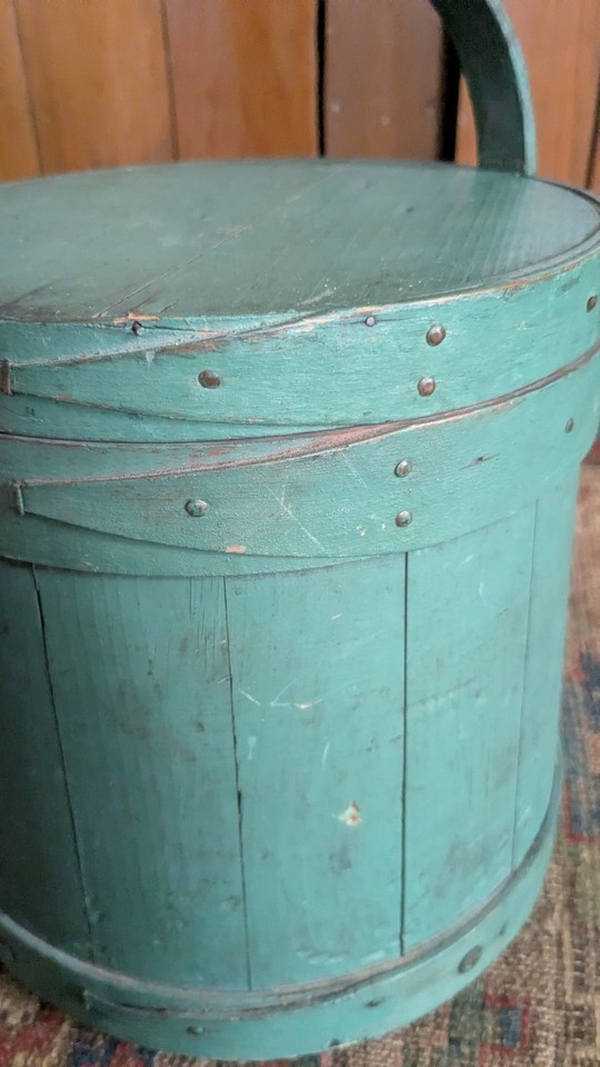 Antique Early Primitive Wood Firkin Storage Bucket Teal Green Paint 10 ...