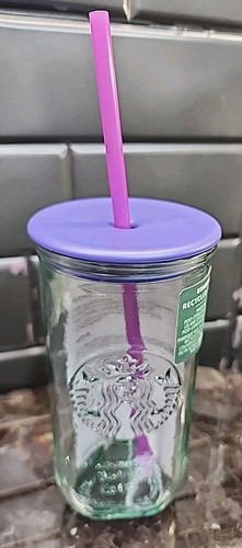 Starbucks 100% Recycled Glass Tumbler Purple Lid Straw 16 Oz Triangle ...