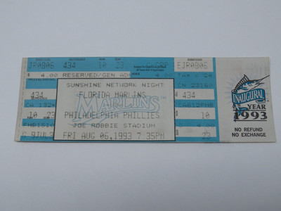 8/6/93 Florida Marlins Philadelphia Phillies Baseball Ticket Stub 1st ...
