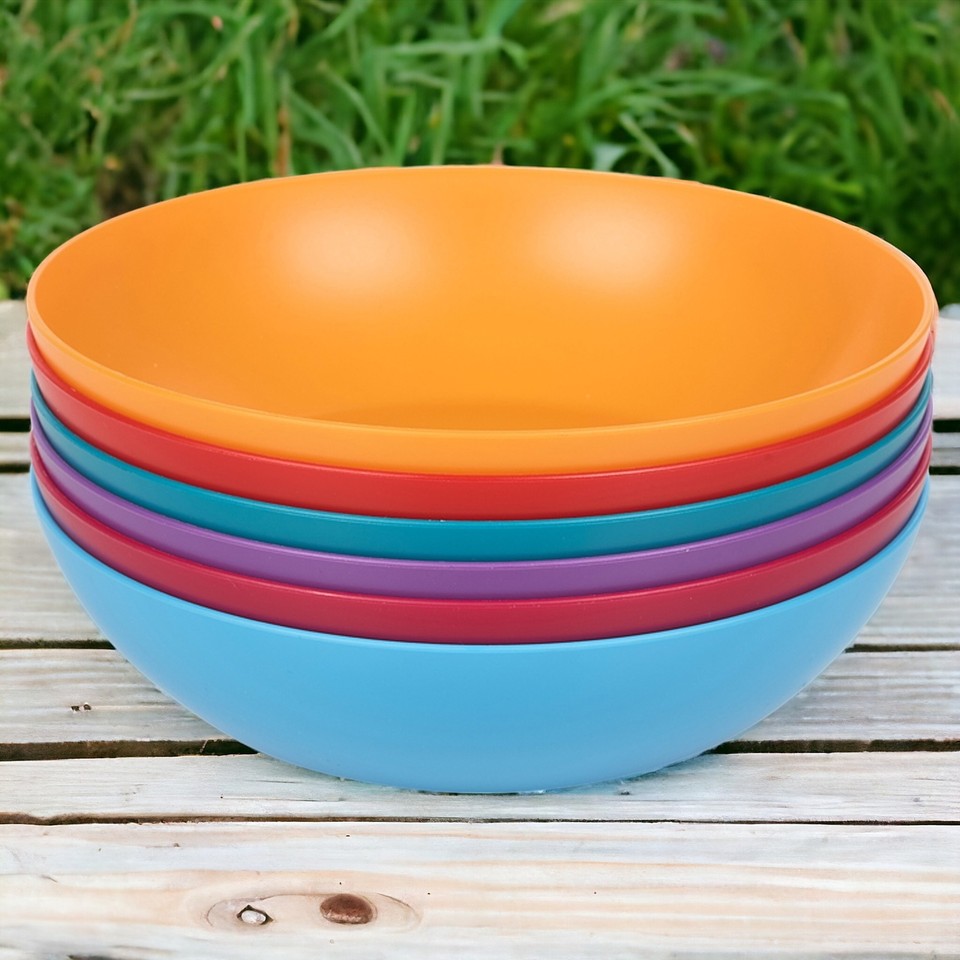 6x Unbreakable Plastic Deep Round Bowls Coloured Reusable Dinner ...