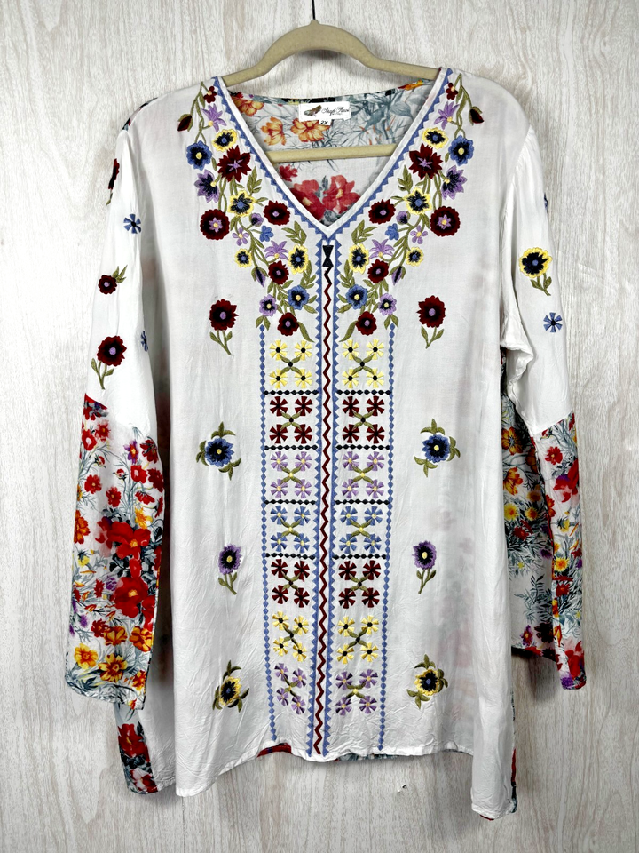 Angel Heart Embroidered Boho Tunic 2X White Floral Peasant Chic | eBay
