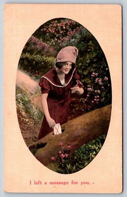 I Left A Message For You Girl Leaving Note In Tree Stump Postcard 1911 ...