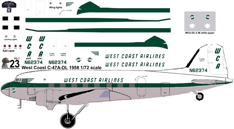 West Coast Airlines Douglas DC-3 Pointerdog7 decals for Testors Italeri ...