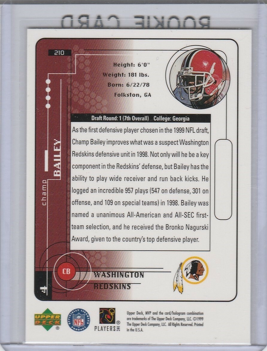 CHAMP BAILEY ROOKIE CARD Football Washington Redskins Upper Deck MVY RC ...