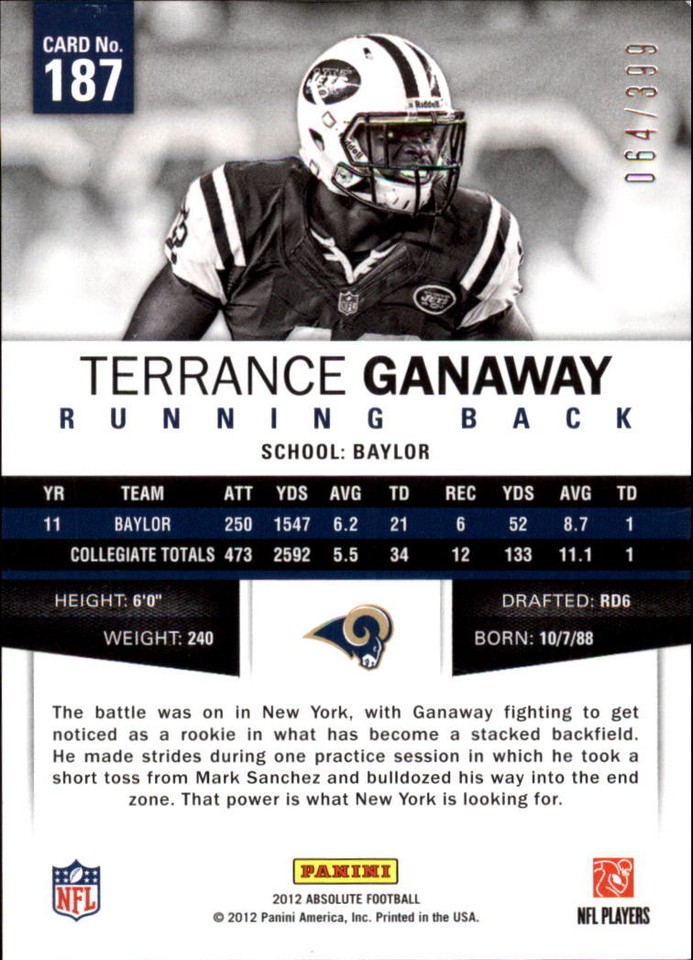 2012 Absolute Football Card #187 Terrance Ganaway Rookie/399 | eBay