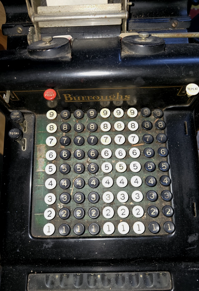 1920s ADDING MACHINE BURROUGHS printing $ calculator w/ numerical ...