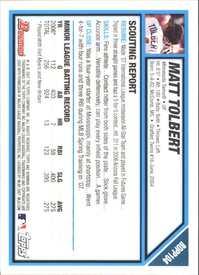 2007 (TWINS) Bowman Draft Future's Game Prospects #BDPP104 Matt Tolbert ...