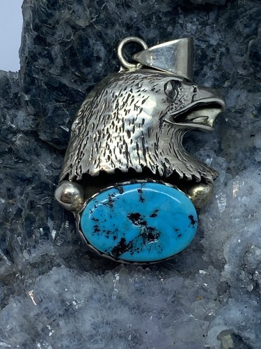 Vintage Navajo Sterling Silver Inlay Turquoise Eagle Head Pendant ...