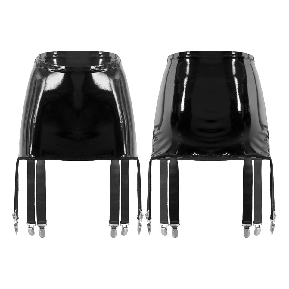 Women Wet Look Patent Leather Garter Belt High Waist Suspenders with ...
