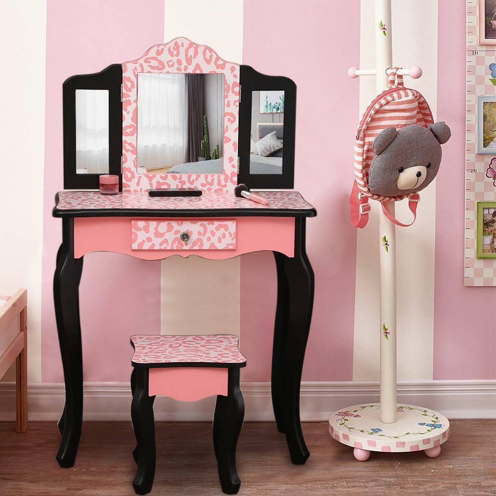 Kids Girls Vanity Table Set Jewelry Makeup Desk Bench Dresser w/ Stool ...