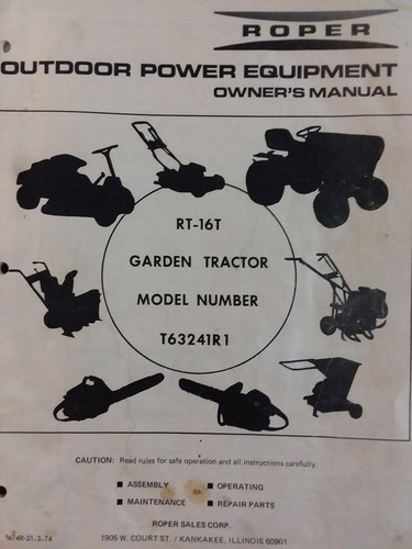 Roper RT-16T Lawn Suburban T63241R1 Garden Tractor Owner & Parts Manual ...