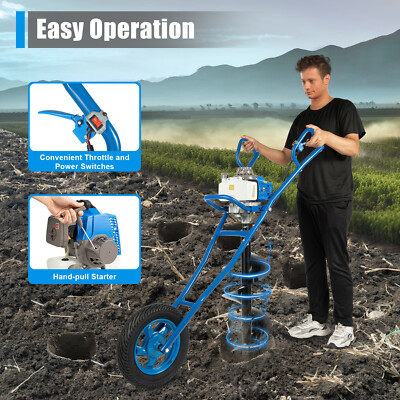 63CC 3hp Gas Powered Post Hole Digger Earth Auger Wheeled Ground Drill ...