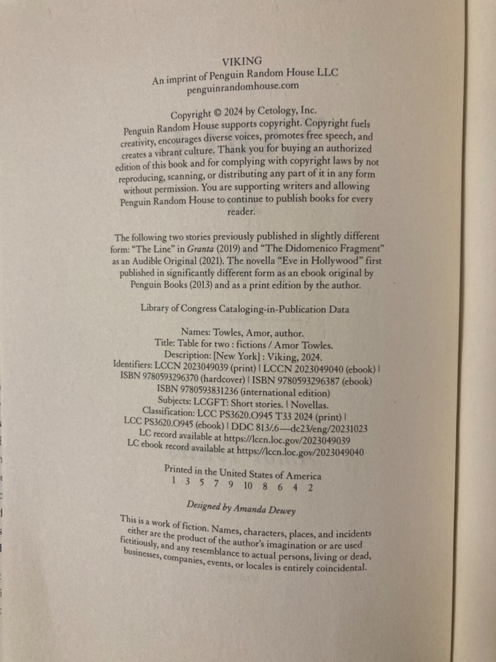 Table for Two : Fictions by Amor Towles (2024, Hardcover) 9780593296370 ...