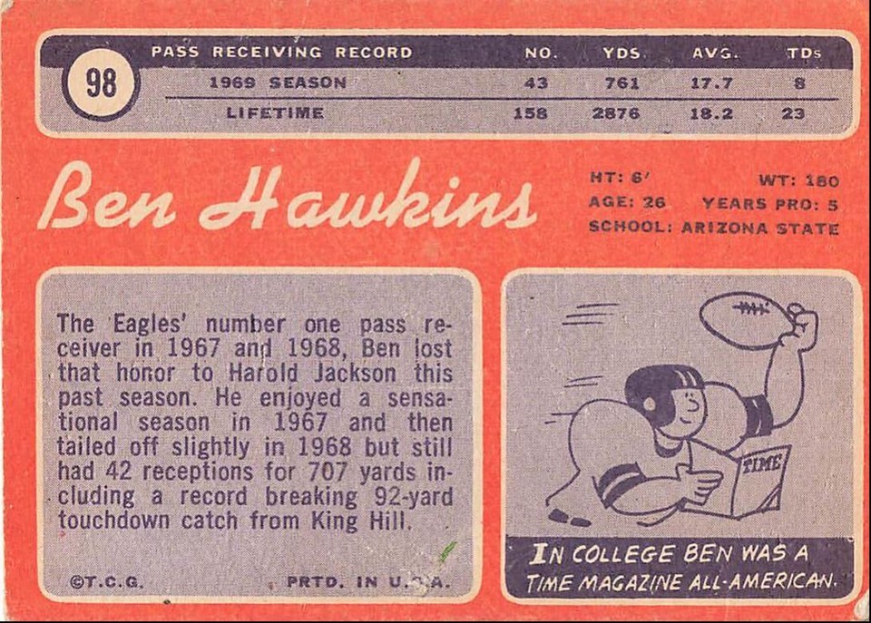 1970 Topps Ben Hawkins Rookie Philadelphia Eagles #98 | eBay