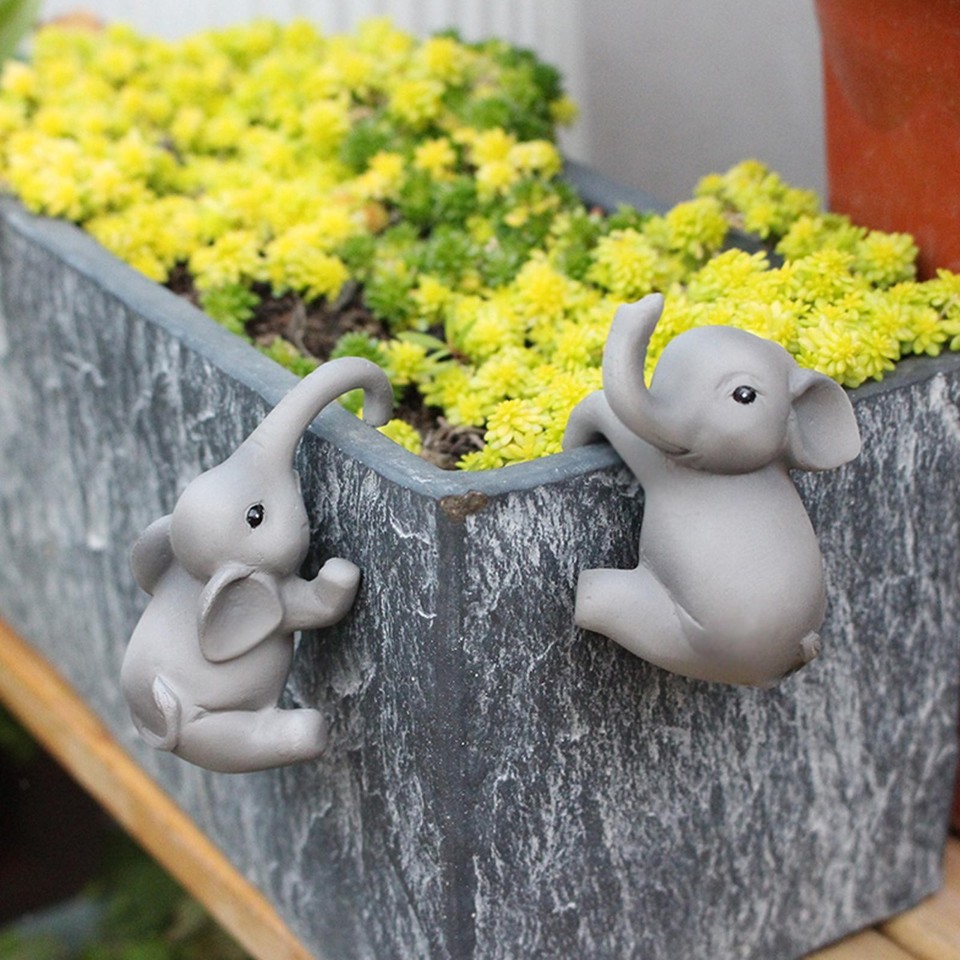 2x Miniature Figurines Climbing Elephant Flower Pot Hugger Cute Resin ...