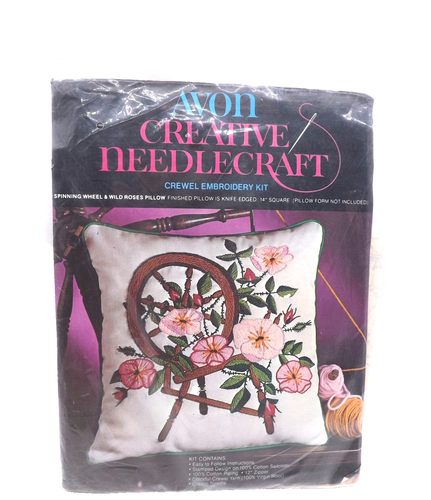 Avon Creative Spinning Wheel & Wild Roses Flowers Pillow Crewel ...