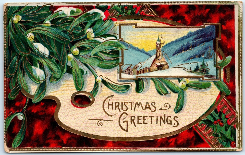 c1910s Christmas Greetings Gel Gold Gilt Embossed Church Postcard Holly ...