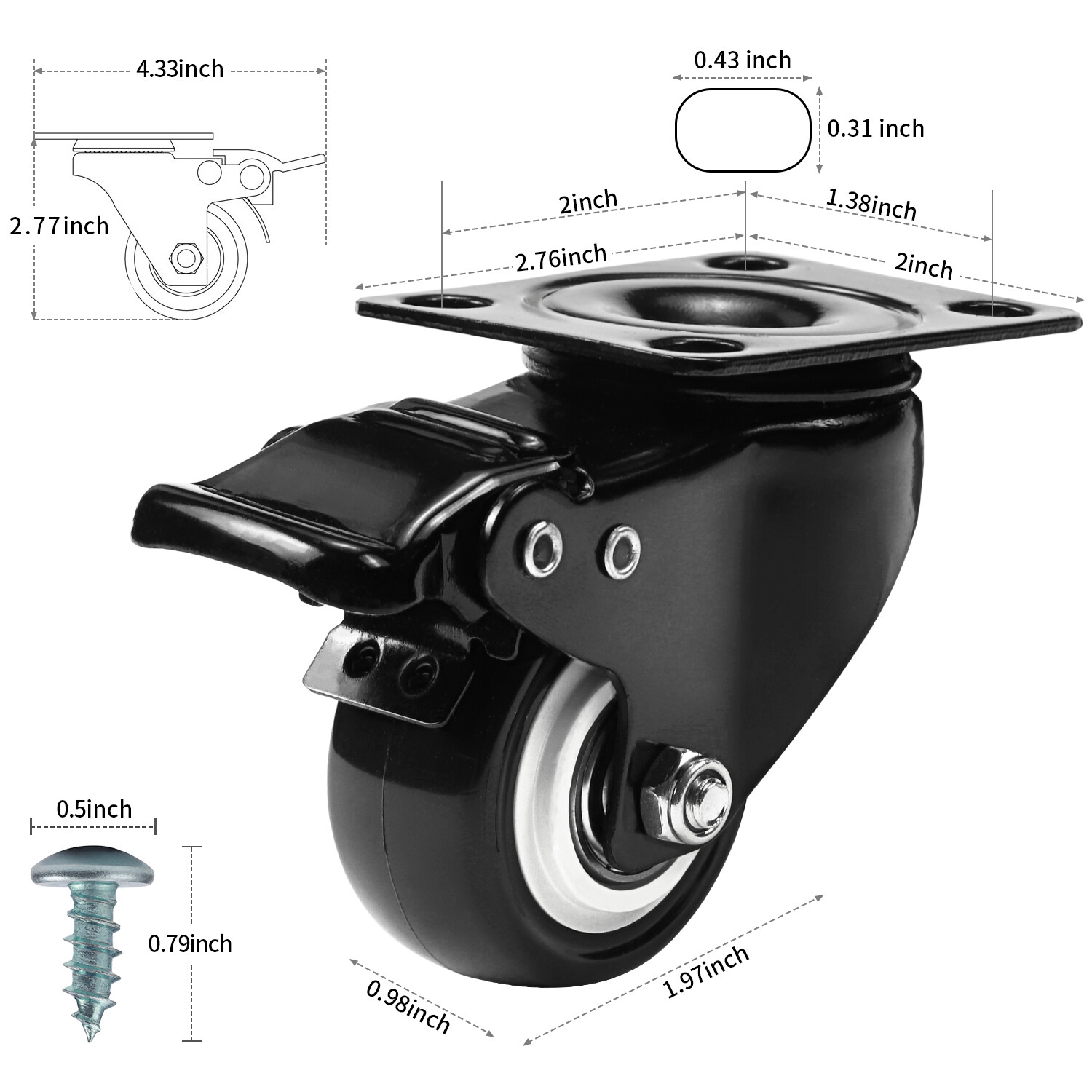 4 Units 2 inches Heavy Duty Universal Caster Wheels With Brake Swivel ...