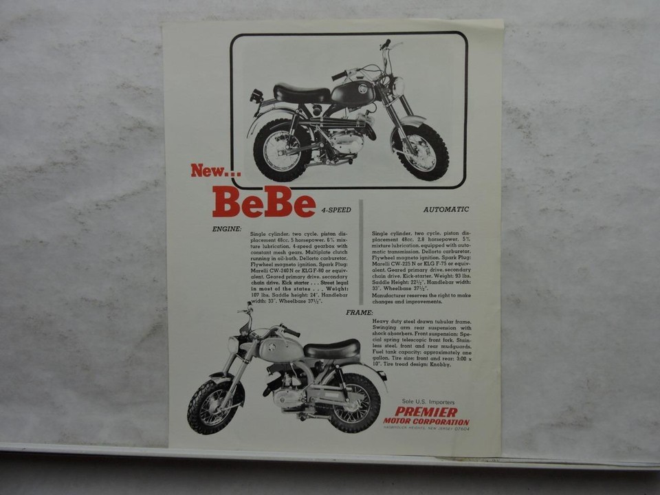 Premiere BeBe 4 Speed Mini Bike Brochure B11837 | eBay