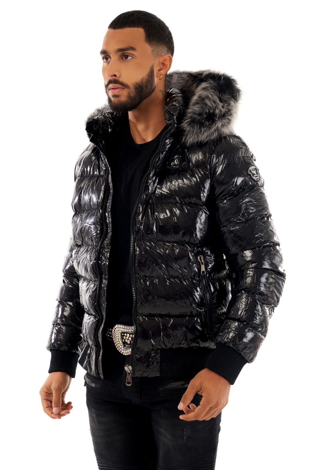 Avenue George V Paris Men's Black Puffer Jacket Warm Fur on the hood XL ...