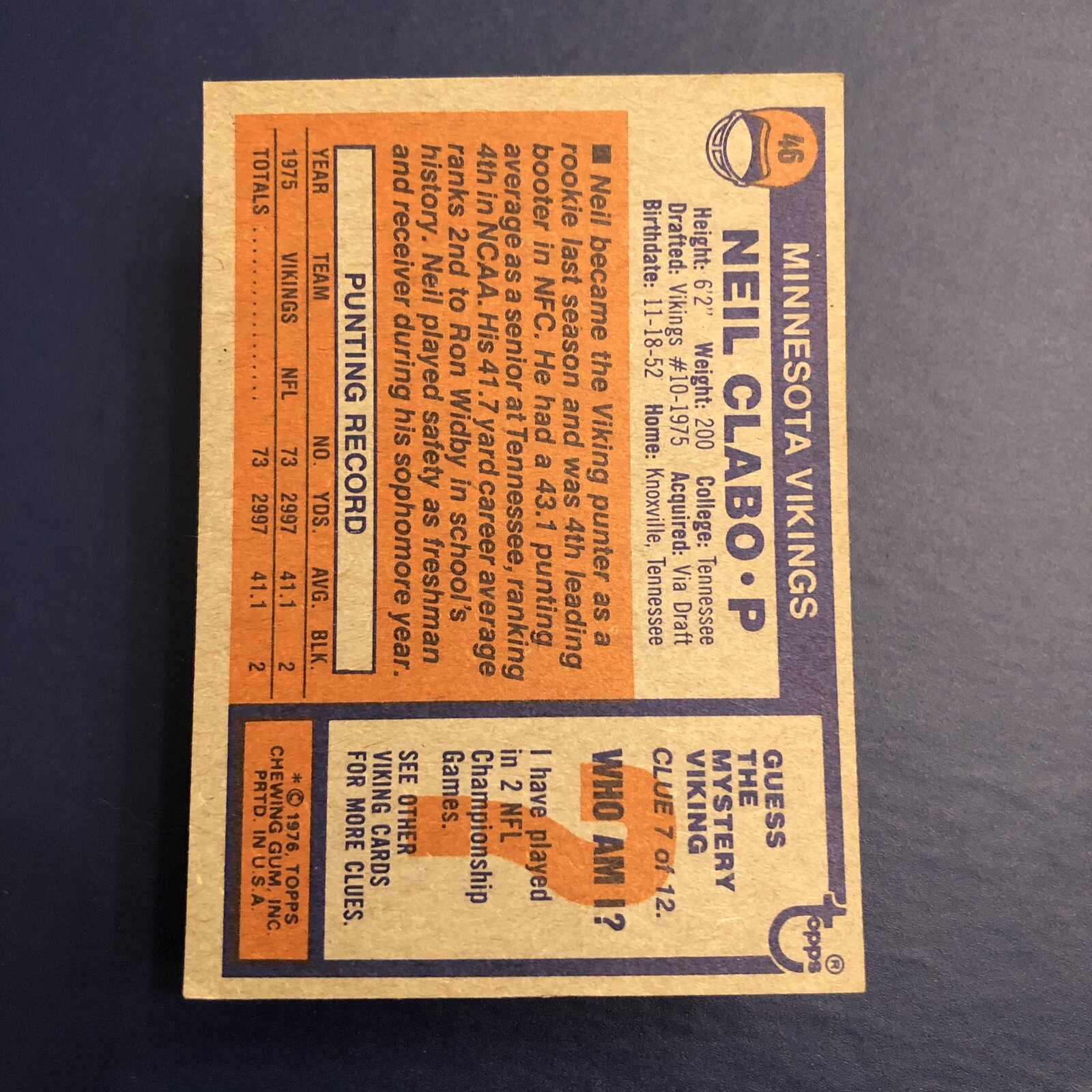 1976 TOPPS NEIL CLABO #46 MINNESOTA VIKINGS FOOTBALL CARD | eBay