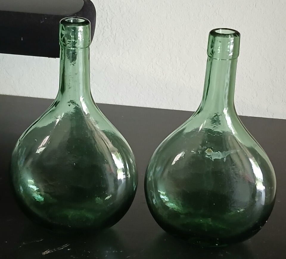 2 Green Glass Flask Flat Bottles 8.3" Tall Vintage | eBay