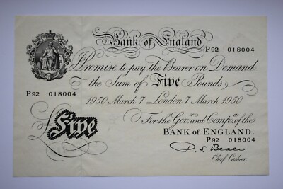 Genuine Large Old White Five Pound Note 1950 PS Beale Good Condition ...