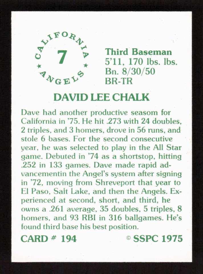 1975 SSPC Set-Break #194 Dave Chalk California Angels | eBay