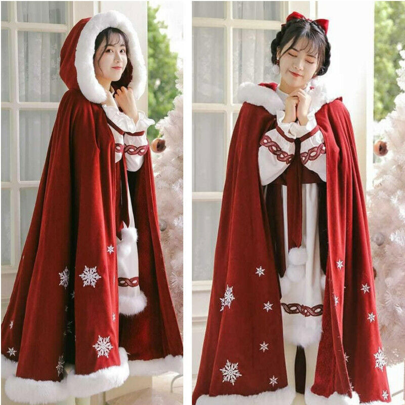 Lady Hooded Cloak Cape Jacket Faux Fur Edge Snowflake Christmas Poncho Warm Cute | eBay