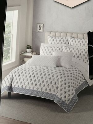 NEW Rachel Zoe White Blue Cotton Reversible King Quilt 106x92 Floral ...
