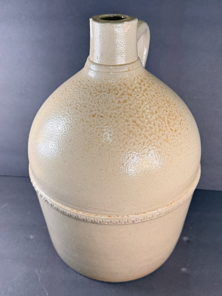 Vtg Salt Glaze Stoneware 3 Gallon Jug 15.5” Crock Greek Key Band w ...