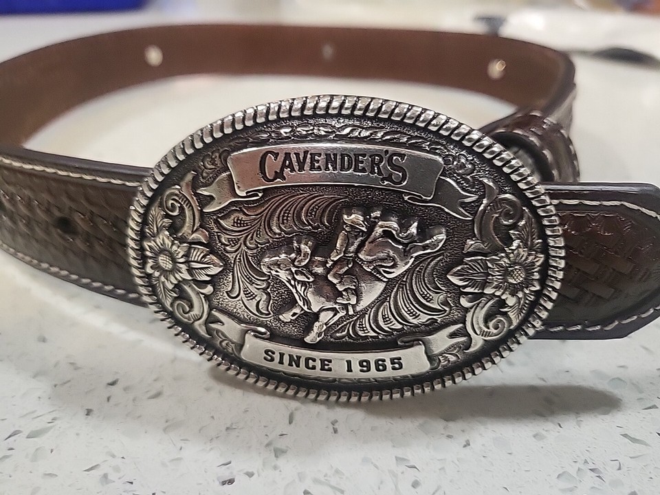 Cavenders Since 1965 Sz 24 Brown Leather Belt Bull Riding Rodeo Buckle ...