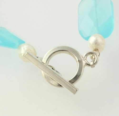 Simulated Pearls & Blue Glass Bracelet - 925 Sterling Silver Loop Clasp ...