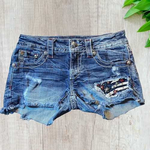 Miss Me Signature Patriotic Stars Stripes Flag Back Pockets Jean Shorts ...