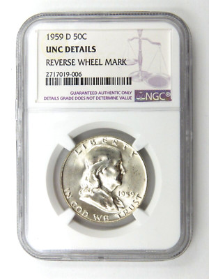 1959 D Franklin Half Dollar NGC Graded Unc Details Reverse Wheel Mark ...