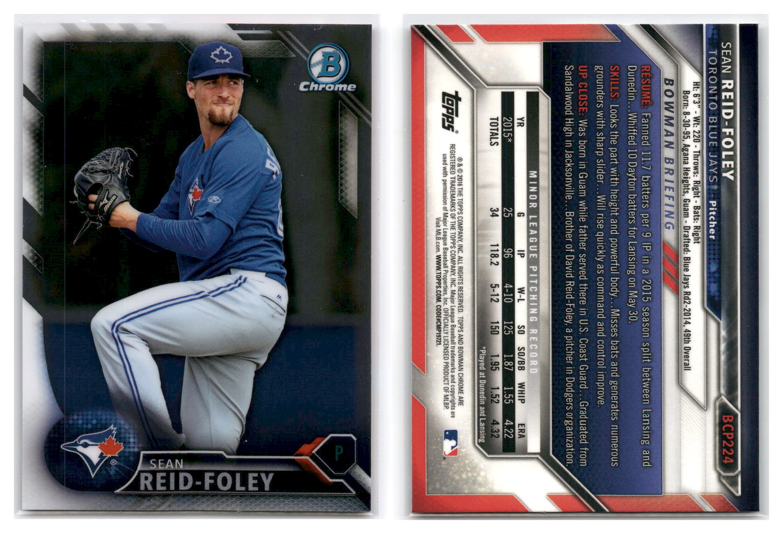 2016 Bowman Chrome Prospects #BCP224 Sean Reid-Foley - Toronto Blue ...