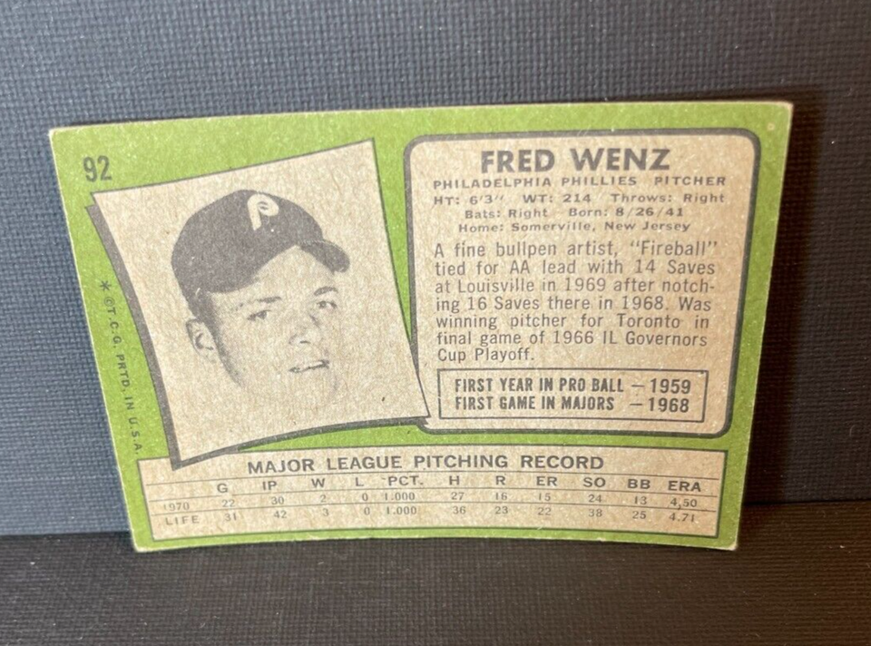 1971 TOPPS # 92 FRED WENZ PHILIDELPHIA PHILLIES | eBay
